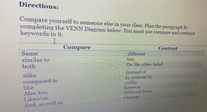 Directions: Compare yourself to someone else in your | Chegg.com