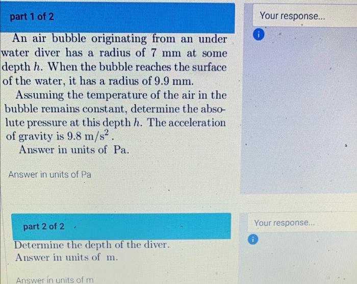 Solved part 1 of 2 Your response... An air bubble | Chegg.com