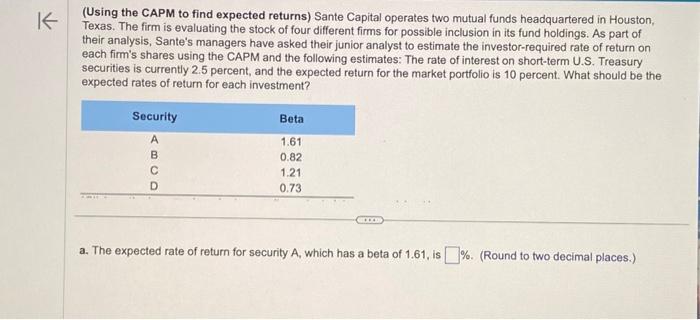 Solved (Using the CAPM to find expected returns) Sante | Chegg.com