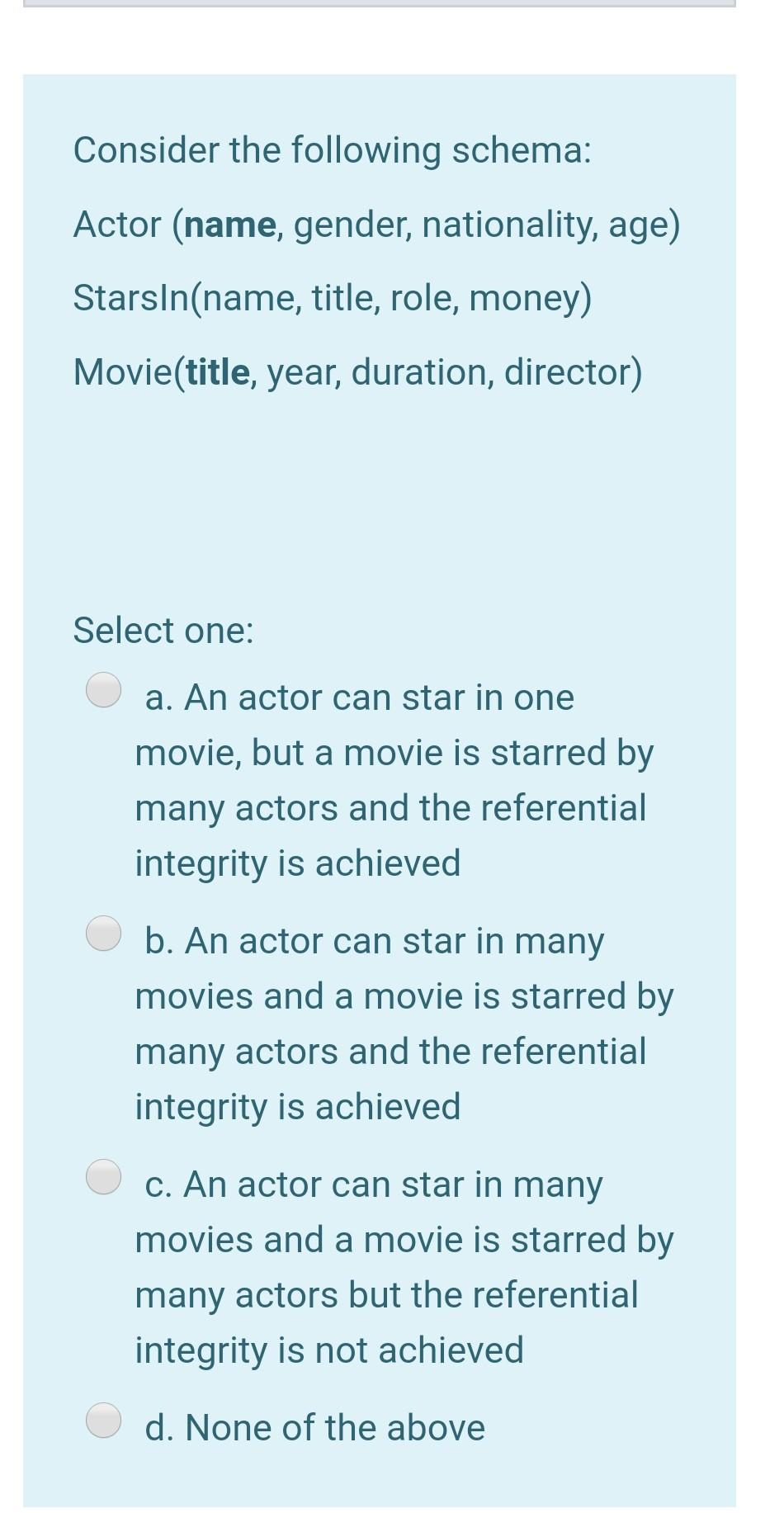 Solved Consider the following schema: Actor (name, gender, | Chegg.com