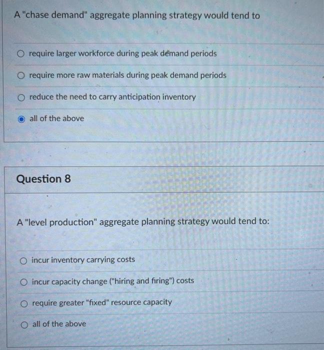 Solved A "chase demand aggregate planning strategy would | Chegg.com