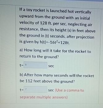 Solved If a toy rocket is launched hot vertically upward | Chegg.com