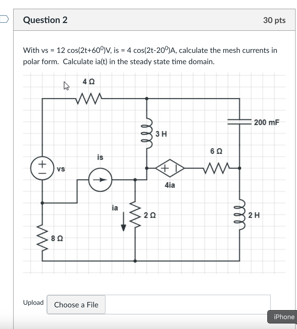 Solved Question 2With vs =12cos(2t+60°)V, is =4cos(2t-20°)A, | Chegg.com