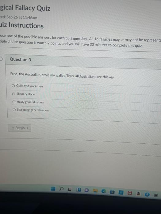 Solved :al Fallacy Quiz Sep26 at 114 iam Instructions one of | Chegg.com
