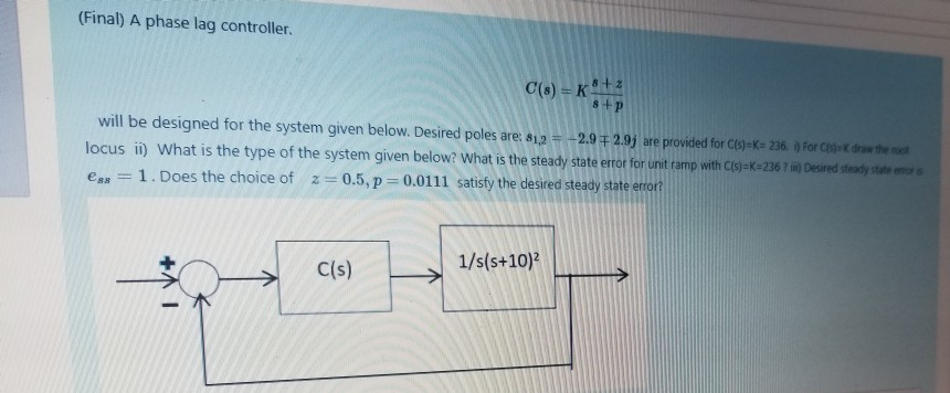 Solved (Final) A phase lag controller. C(8) EK 8P will be | Chegg.com
