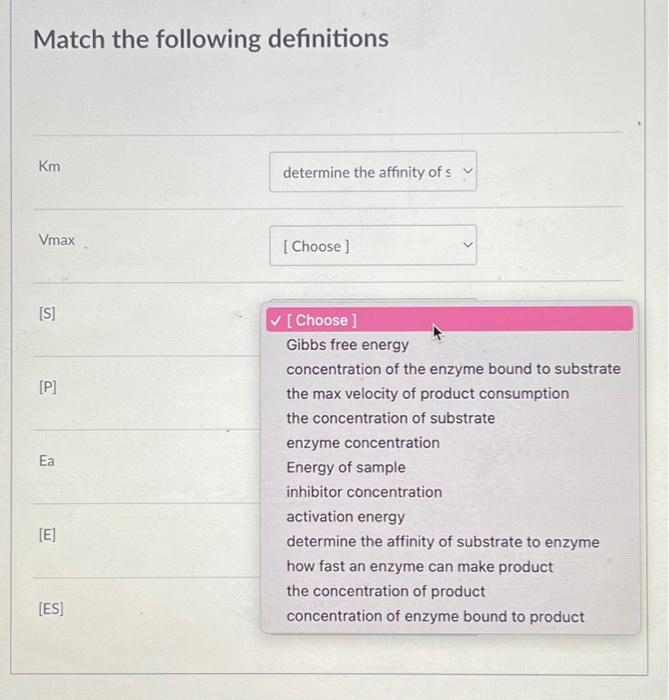 Solved Match the following definitions Km Vmax | Chegg.com