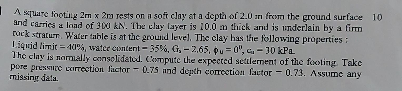 Solved A square footing 2 m×2 m rests on a soft clay at a | Chegg.com