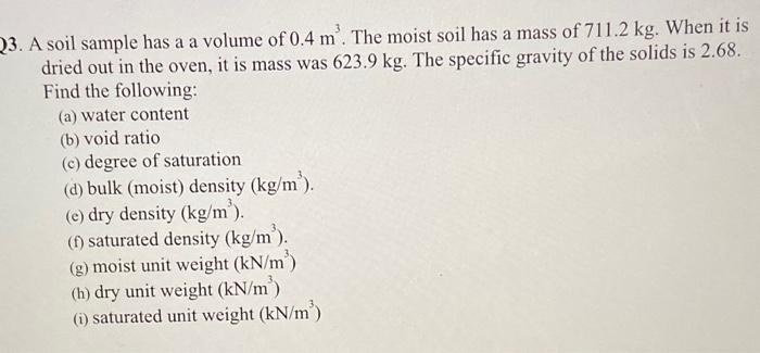Solved 23. A soil sample has a a volume of 0.4 m'. The moist | Chegg.com