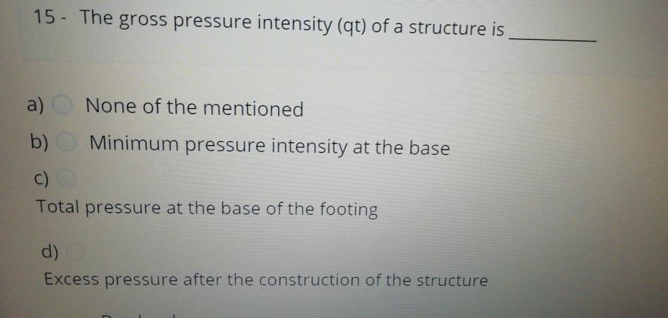 Solved 15 - The gross pressure intensity (qt) of a structure | Chegg.com
