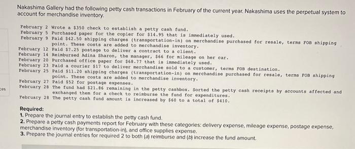 Solved Nakashima Gallery had the following petty cash | Chegg.com