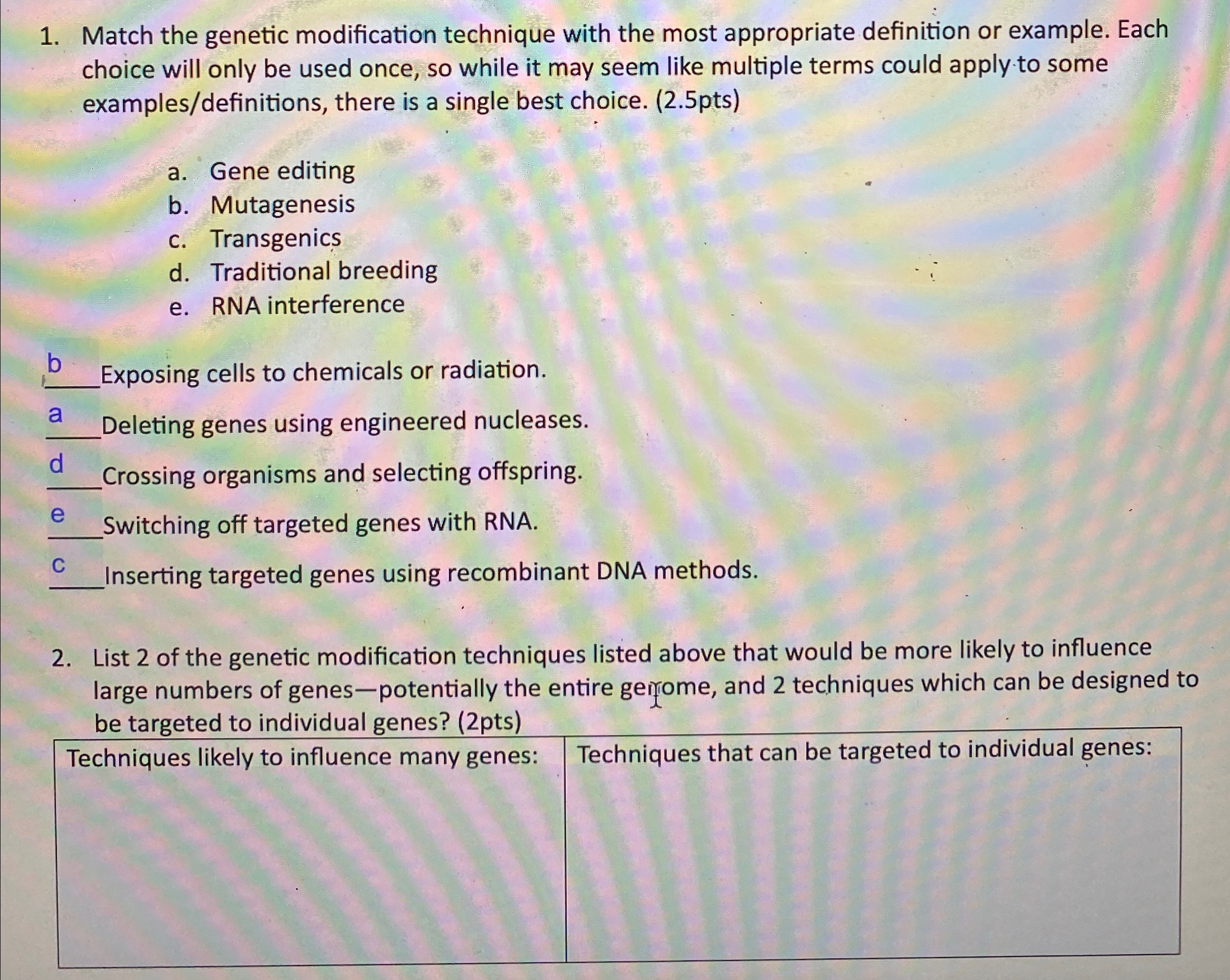 Solved Match the genetic modification technique with the | Chegg.com
