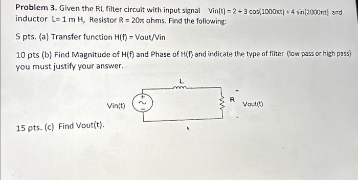 Solved Problem 3. Given the RL filter circuit with input | Chegg.com