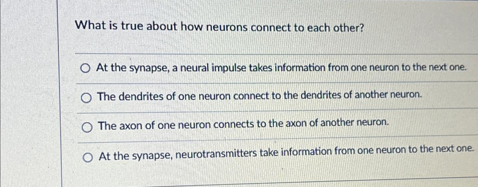 Solved What is true about how neurons connect to each | Chegg.com