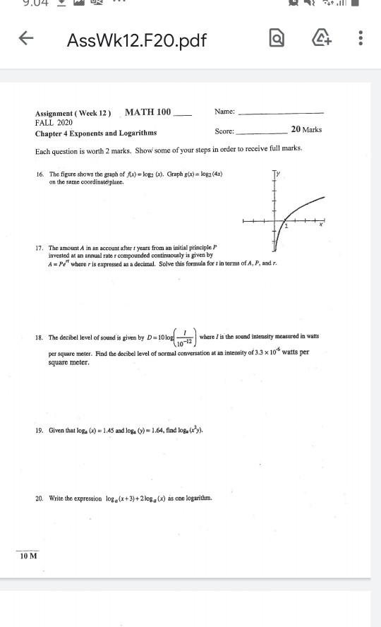 Solved 9.04 AssWk12.F20.pdf a Assignment (Week 12) MATH 100 | Chegg.com