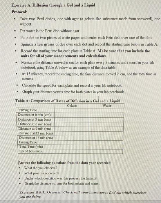 Exercise A. Diffusion through a Gel and a Liquid | Chegg.com