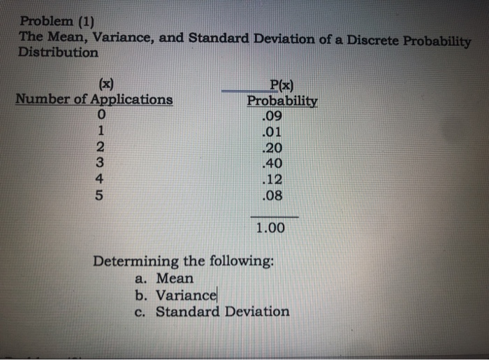 Solved Problem (1) The Mean, Variance, and Standard | Chegg.com