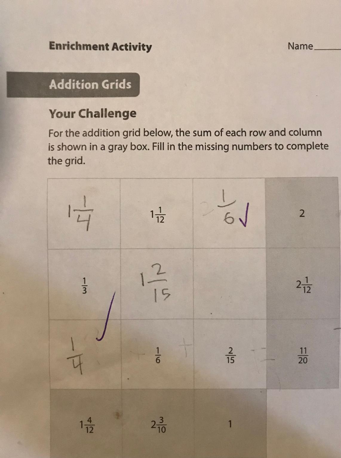 Solved Enrichment ActivityNameYour ChallengeFor the addition | Chegg.com
