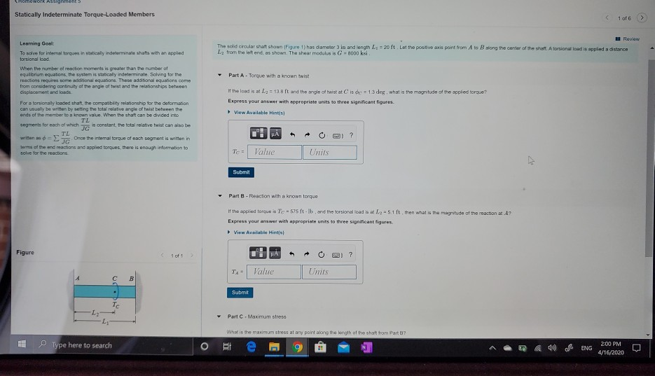 Solved Statically indeterminate Torque-Loaded Members 1 of 6 | Chegg.com