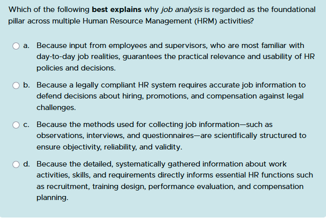 Solved Which of the following best explains why job analysis | Chegg.com