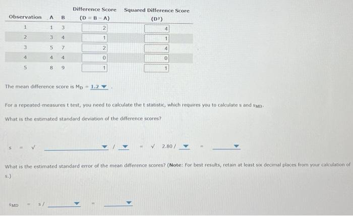 Solved The mean difference score is MD=1.2= For a | Chegg.com