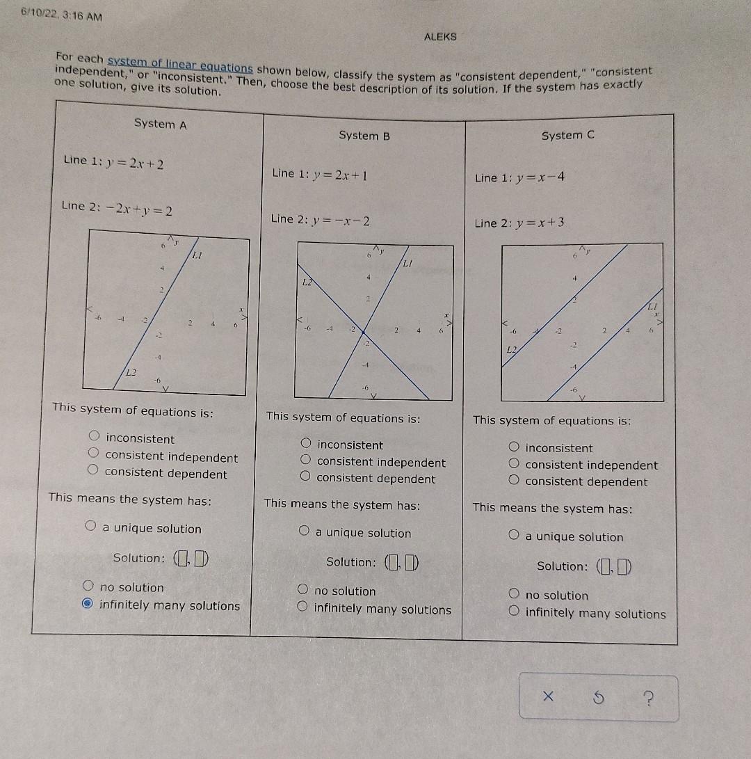 Solved 6/10/22, 3:16 AM ALEKS For each system of linear | Chegg.com