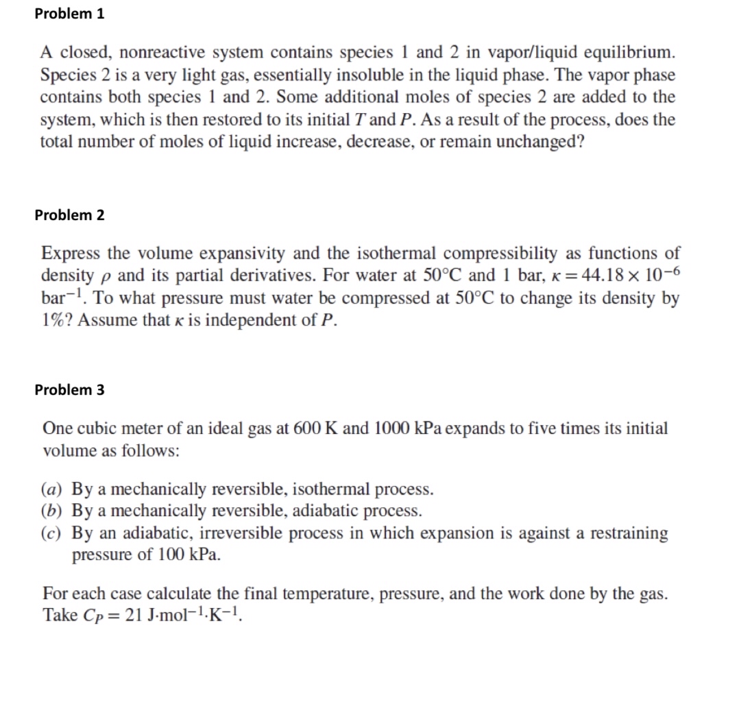 Solved Problem 1A closed, nonreactive system contains | Chegg.com