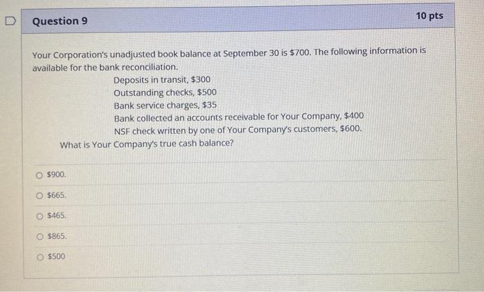 Solved 10 pts Question 9 Your Corporation's unadjusted book | Chegg.com