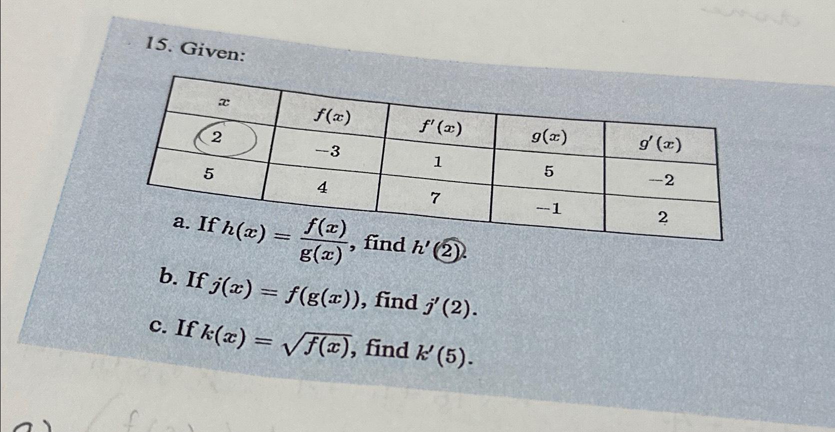 Solved Given:\table[[x,f(x),f'(x),g(x),g'(x)a. ﻿if h(x)= | Chegg.com
