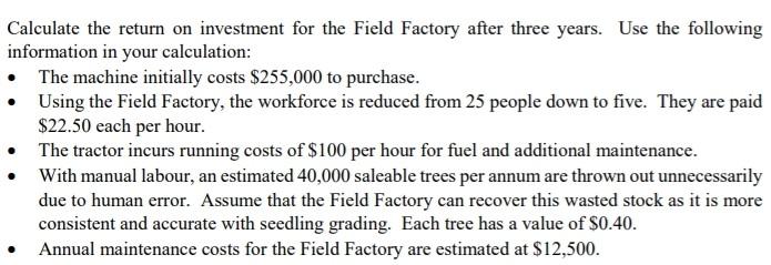 Solved Calculate the return on investment for the Field | Chegg.com