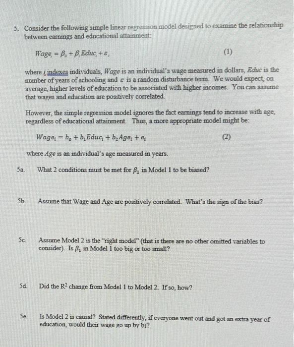 Solved 5. Consider the following simple linear regression | Chegg.com