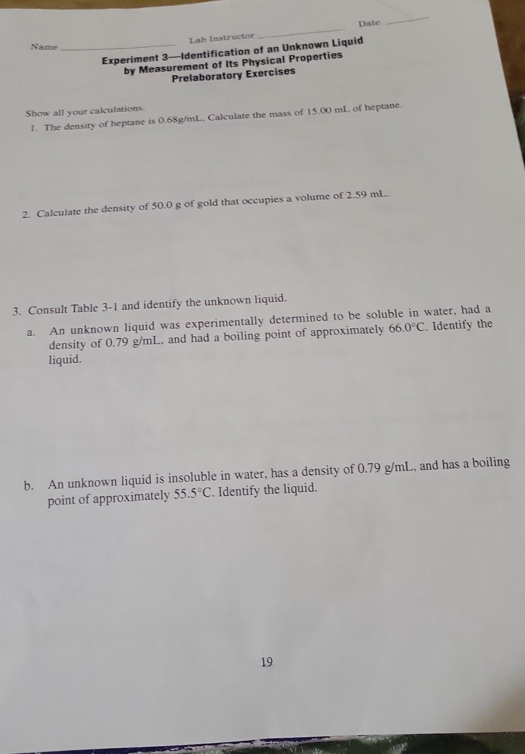 Solved Name Lab Instructor Experiment 3-Identification of an | Chegg.com