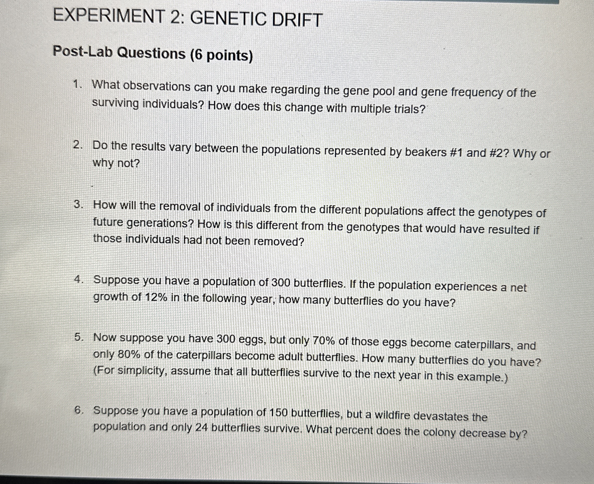 Solved EXPERIMENT 2: GENETIC DRIFTPost-Lab Questions ( 6 | Chegg.com