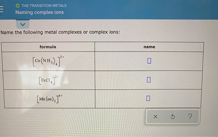 Solved O THE TRANSITION METALS Naming complex ions Name the | Chegg.com