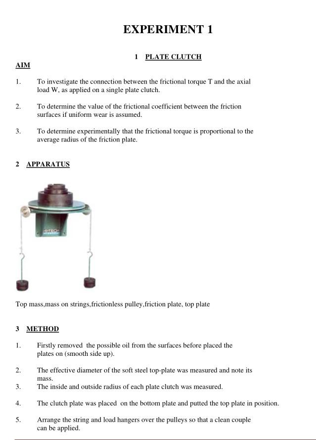 Solved EXPERIMENT 1 1 PLATE CLUTCH AIM 1. To investigate the | Chegg.com