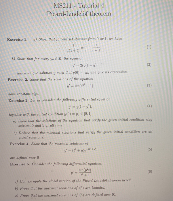 Solved MS211 - Tutorial 4 Picard-Lindelöf theorem Exercise | Chegg.com
