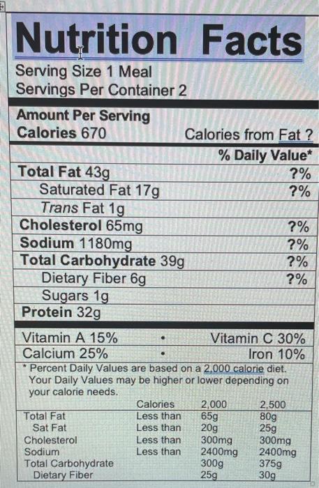 Solved Nutrition Facts Serving Size 1 Meal Servings Per | Chegg.com
