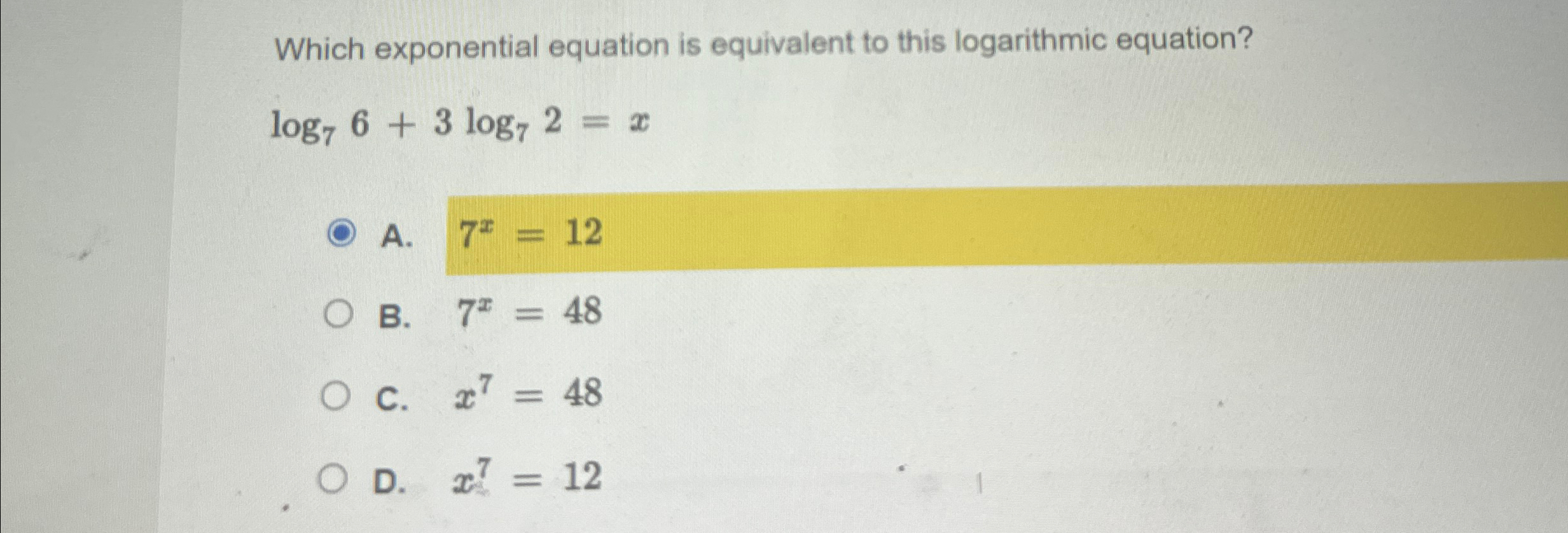 Solved Which exponential equation is equivalent to this | Chegg.com