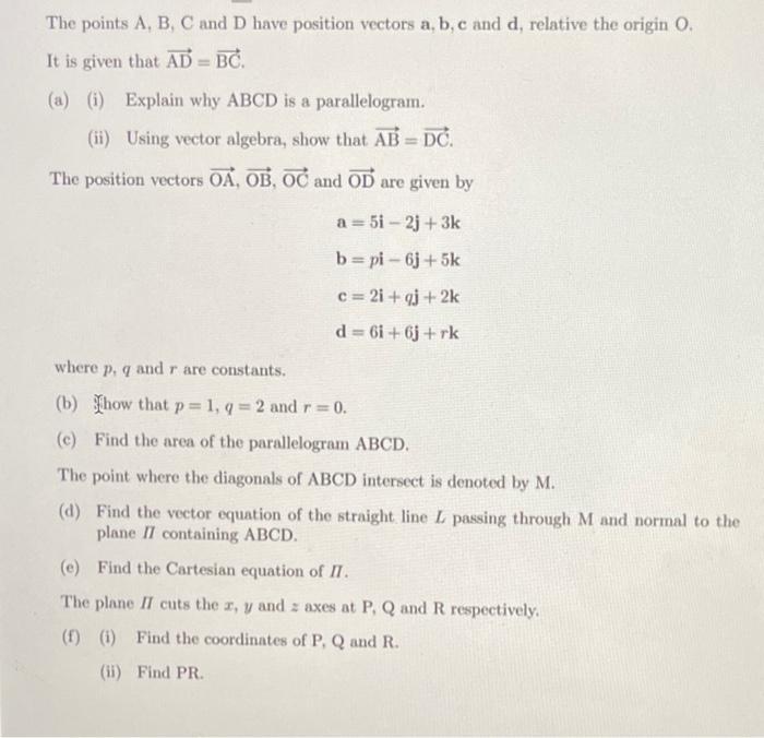 Solved The points A, B, C and D have position vectors a, b,c | Chegg.com