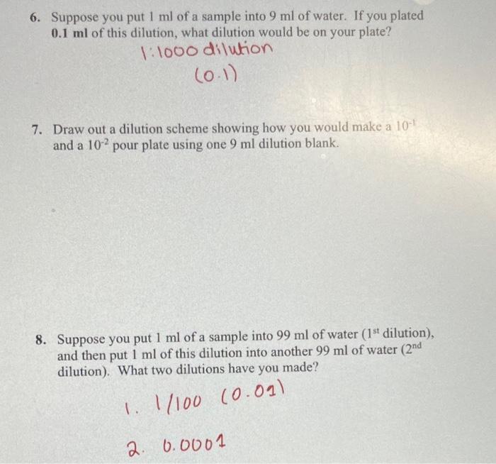 Solved 6. Suppose you put 1ml of a sample into 9ml of water. | Chegg.com
