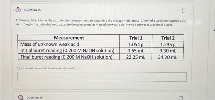 Solved Following data obtained by a student in the | Chegg.com