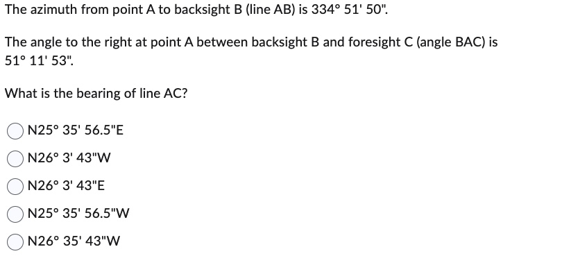 Solved The azimuth from point A to backsight B (line AB) ﻿is | Chegg.com