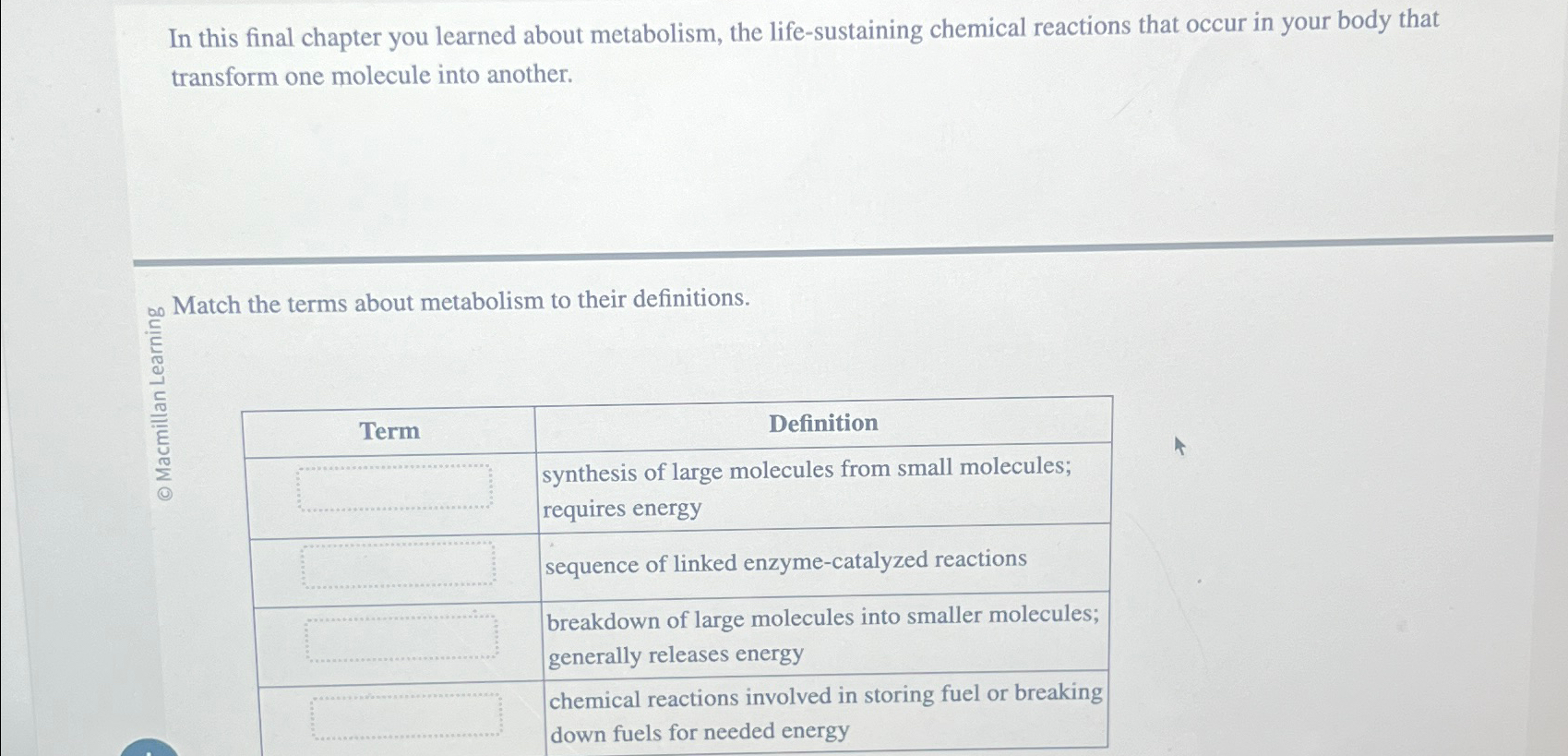 Solved In this final chapter you learned about metabolism, | Chegg.com