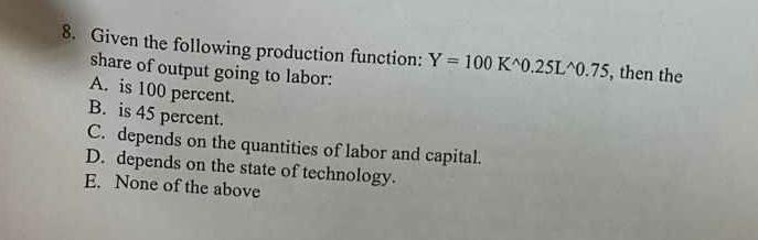 Solved Given The Following Production Function