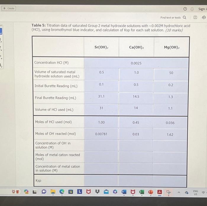 Solved Table 5: Titration data of saturated Group 2 metal | Chegg.com