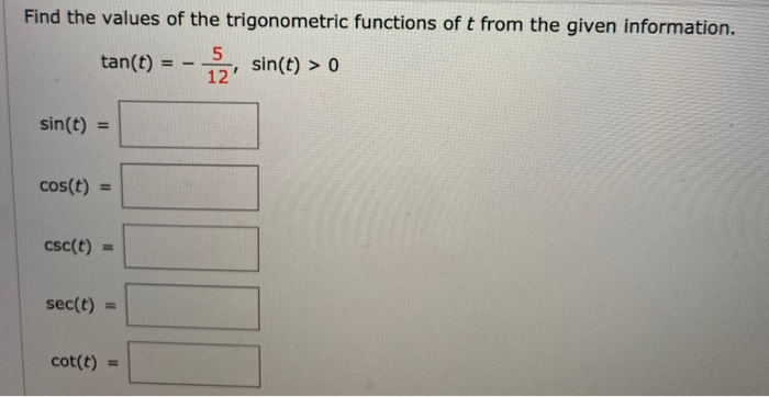 Solved Find the values of the trigonometric functions of t | Chegg.com