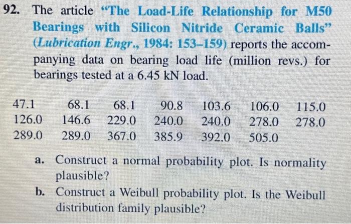 Solved 2. The article "The Load-Life Relationship for M50 | Chegg.com