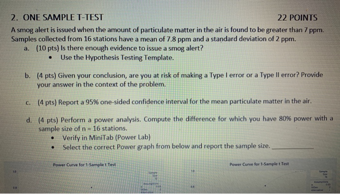 Solved 2. ONE SAMPLE T-TEST 22 POINTS A smog alert is issued | Chegg.com