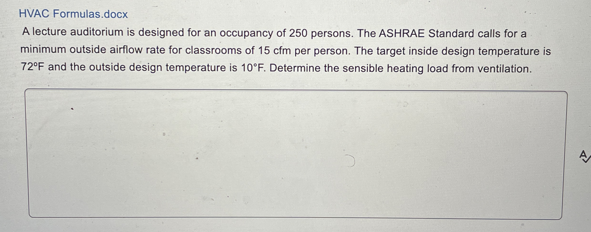 Solved HVAC Formulas.docxA lecture auditorium is designed | Chegg.com