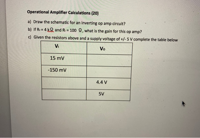 Solved Operational Amplifier Calculations (20) a) Draw the | Chegg.com