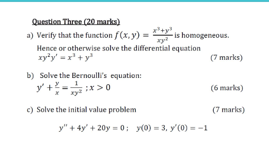 Solved Question Three (20 ﻿marks)a) ﻿Verify that the | Chegg.com